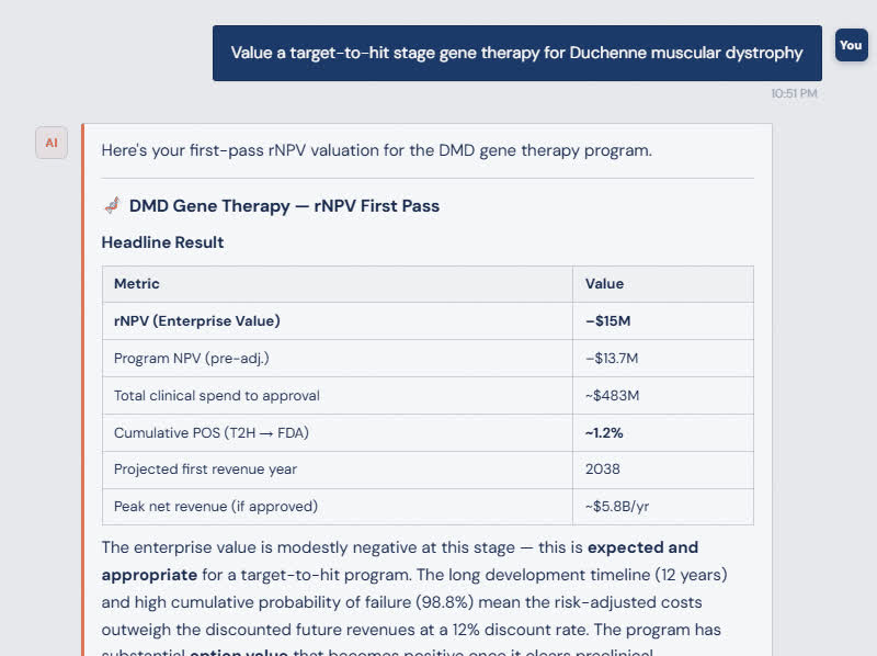 rNPV Agent — Build Defensible Biotech Models in Minutes